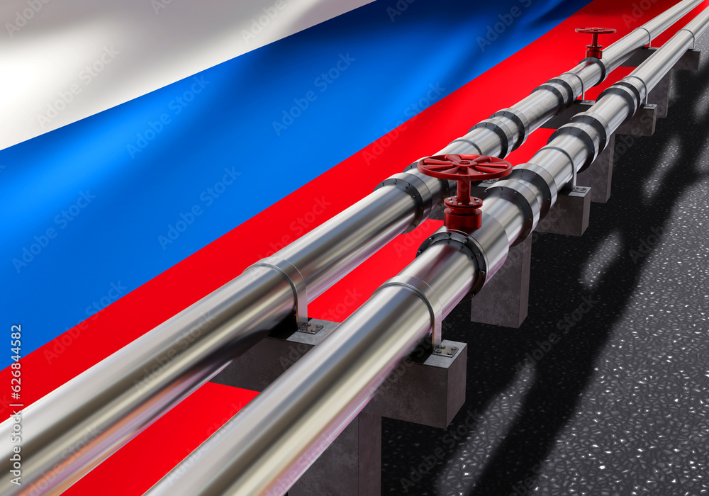 Gas pipeline. Russia flag near pipe. Import of gas from Russian ...