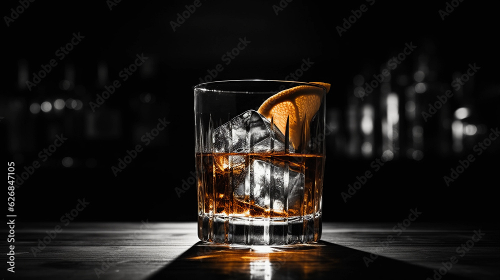 Cinematically lit old - fashioned cocktail, garnished with orange peel ...