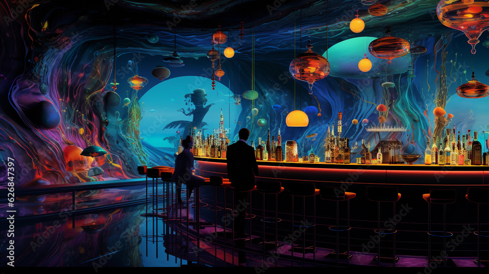 Surrealistic interpretation of a bustling cocktail bar, swirling colors ...