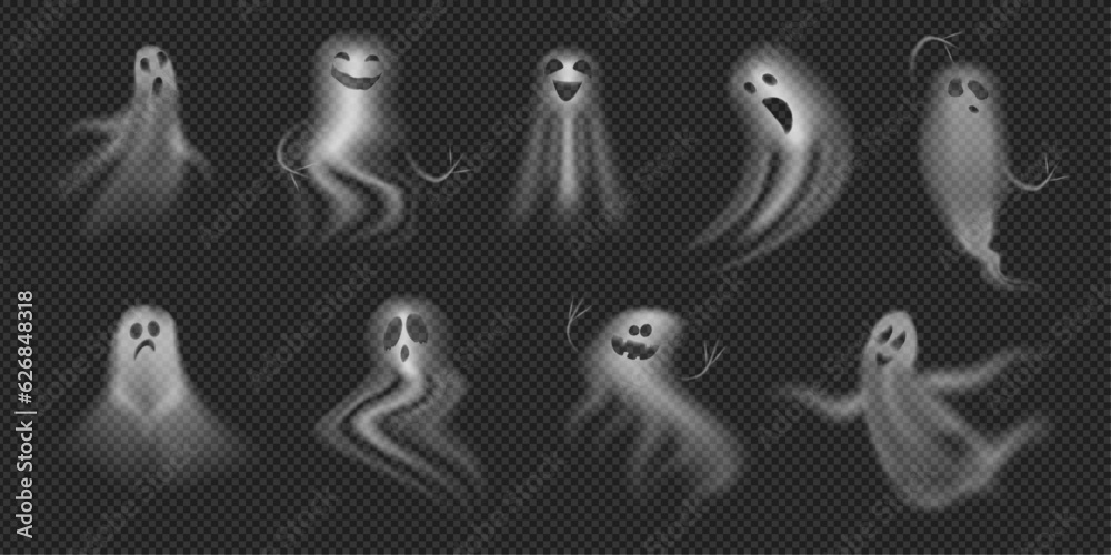 Halloween ghosts and apparitions of smoke with blur. Vector haunted house spirits and ...