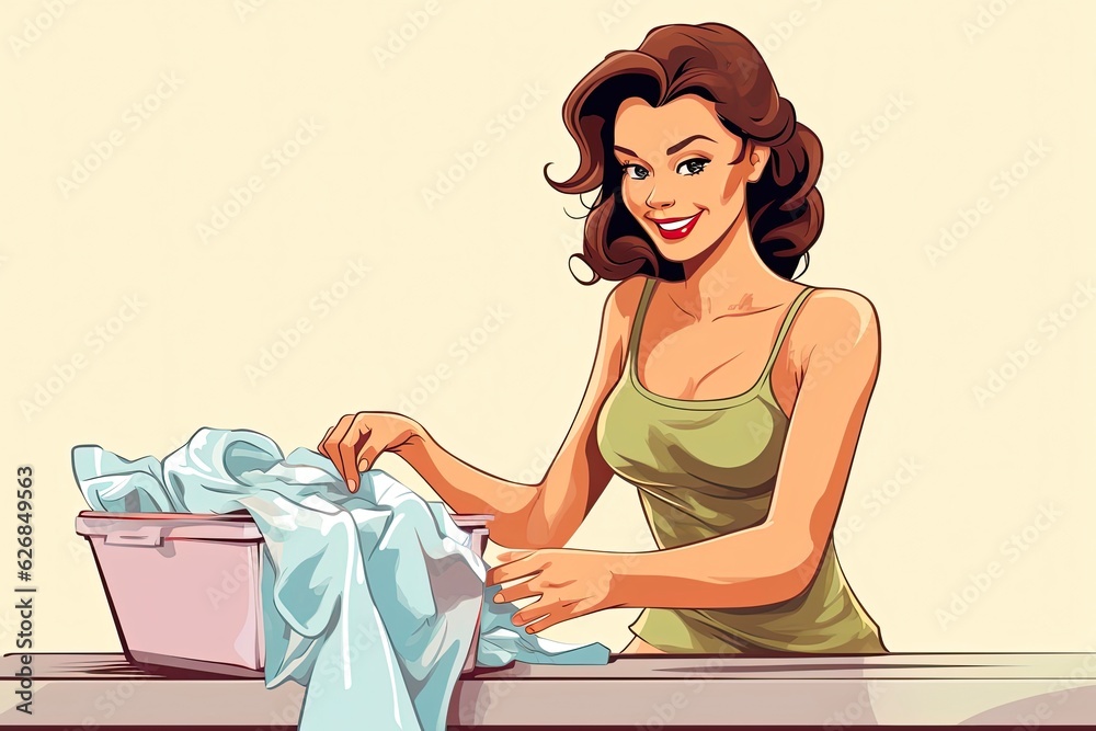 Beautiful Caucasian Woman Doing Laundry, Washing Clothes in a Basket ...