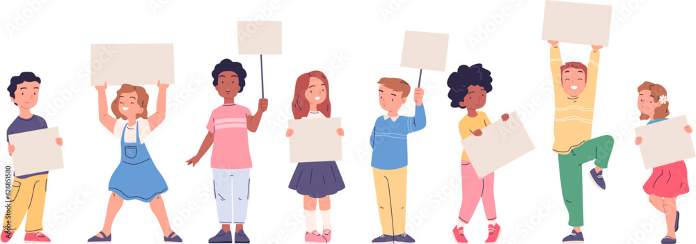 Children holding placards. Kids hold white sheet or banner, protesting ...