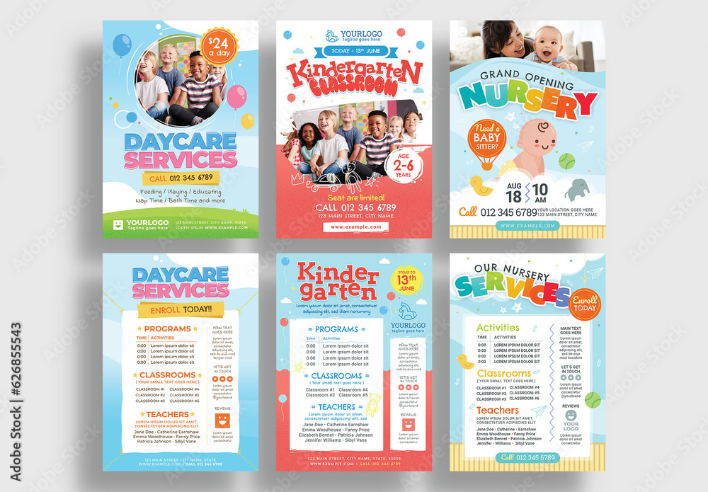 Kindergarten Daycare Children School Flyer Poster Layout Set Stock ...