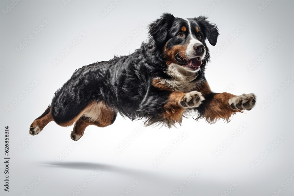 Jumping Moment, Bernese Mountain Dog On White Background. Jumping ...