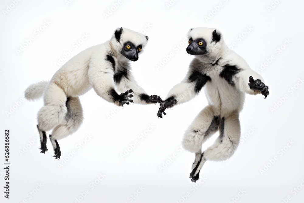 Jumping Moment, Two Coquerels Sifaka On White Background. Jump ...
