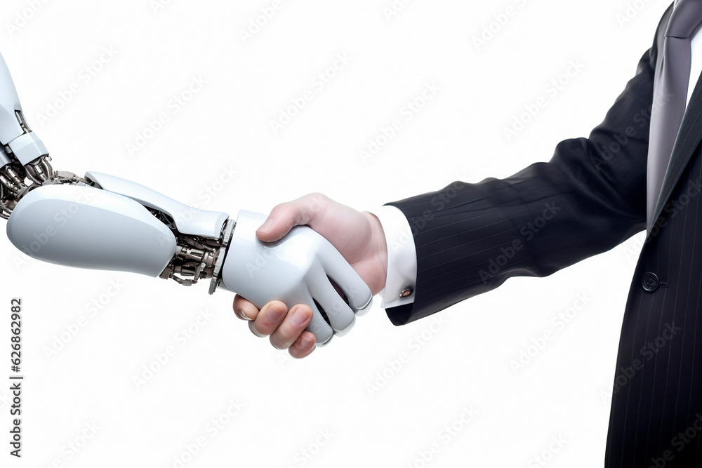 Business handshake between robot and human partners or friends ...