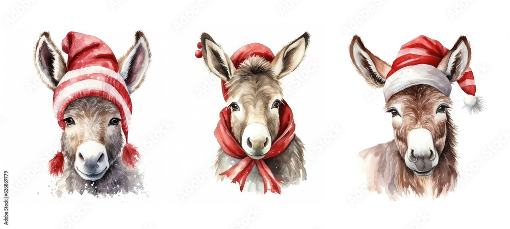 funny cute donkey in christmas cloth watercolor ai generated Stock ...