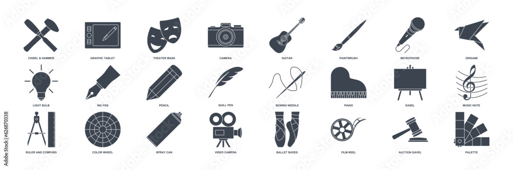 Art icon set, Design and drawing symbols collection, logo illustrations, art and entertainment ...