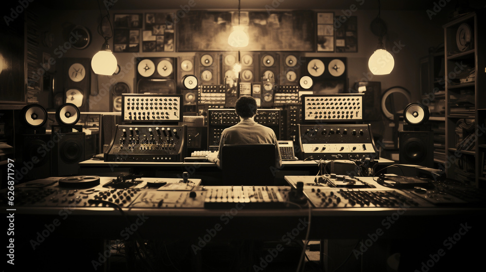 Vintage recording studio, late night session, sound engineer tweaking ...