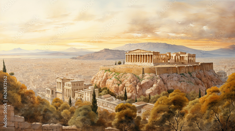 watercolor painting of the Acropolis of Athens at sunset, warm light ...