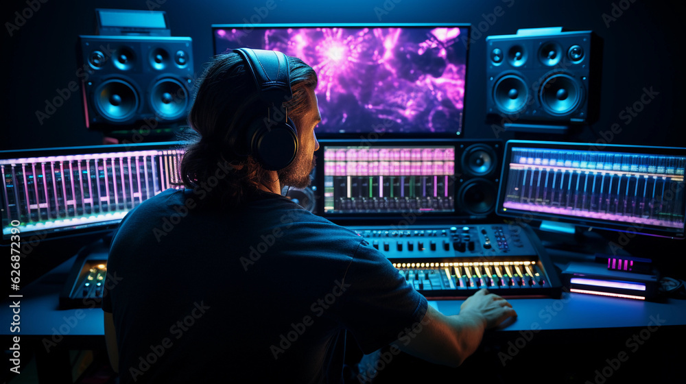 Mastering engineer at work, full frame view of his reflection on a ...
