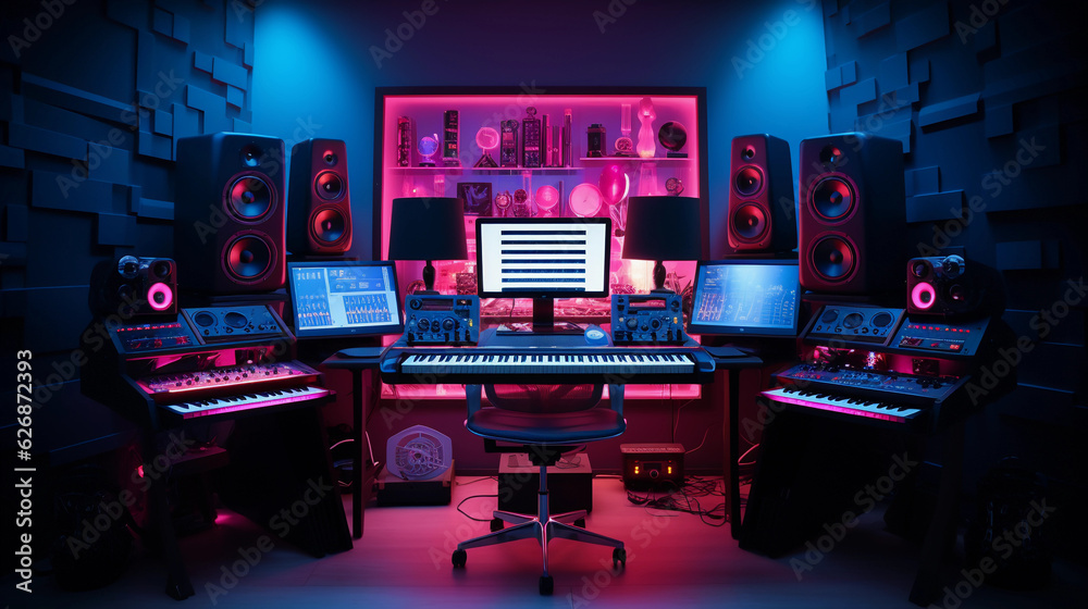 a neon - lit home studio, modern synth equipment glowing with LED ...