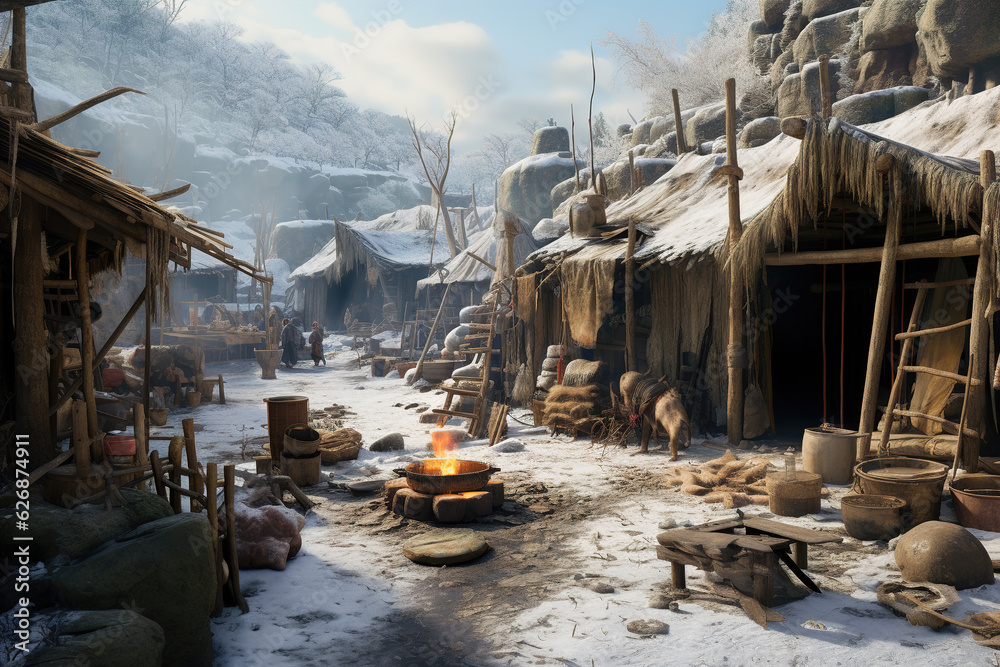 Ice Age frozen settlement with prehistoric people living there, AI ...