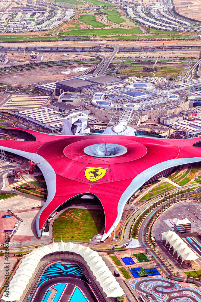 Aerial view of Ferrari World Park is the largest indoor amusement park ...