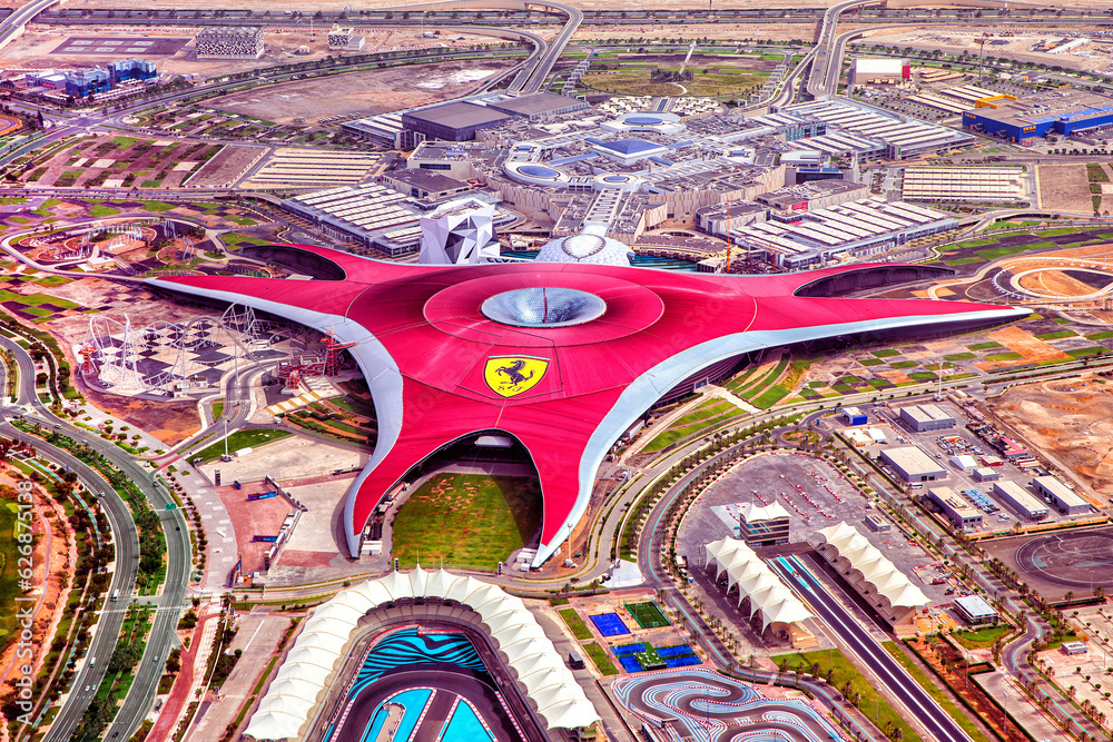 Aerial view of Ferrari World Park is the largest indoor amusement park ...