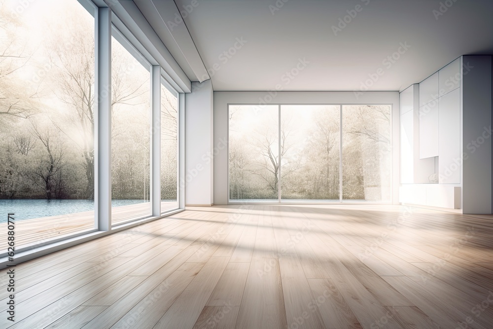 Large window in a white, empty room with wood floors. interior mock up ...