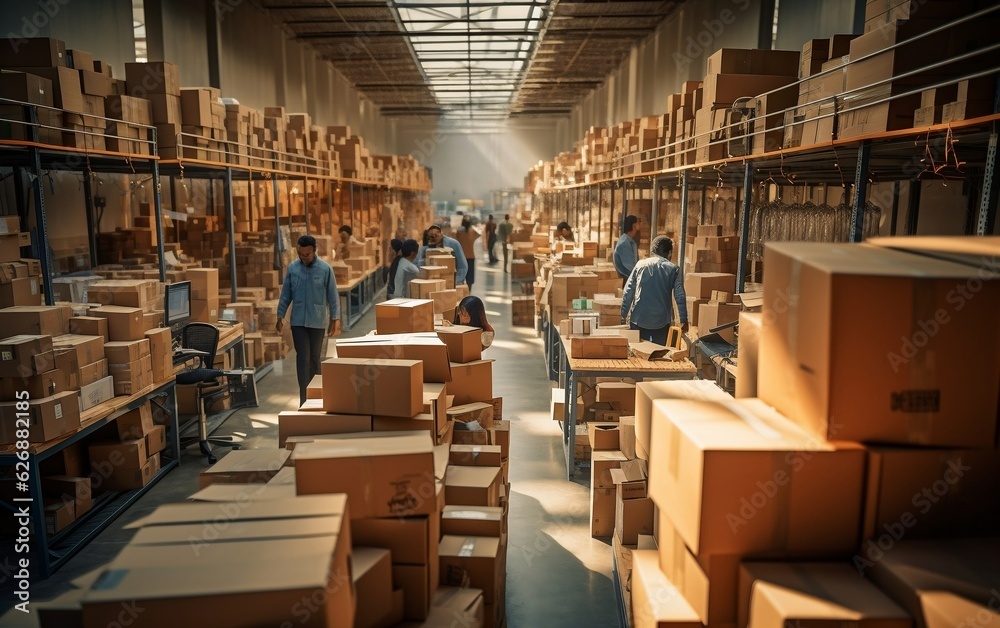 Workers working at warehouse shelves filled with cardboard boxes and ...
