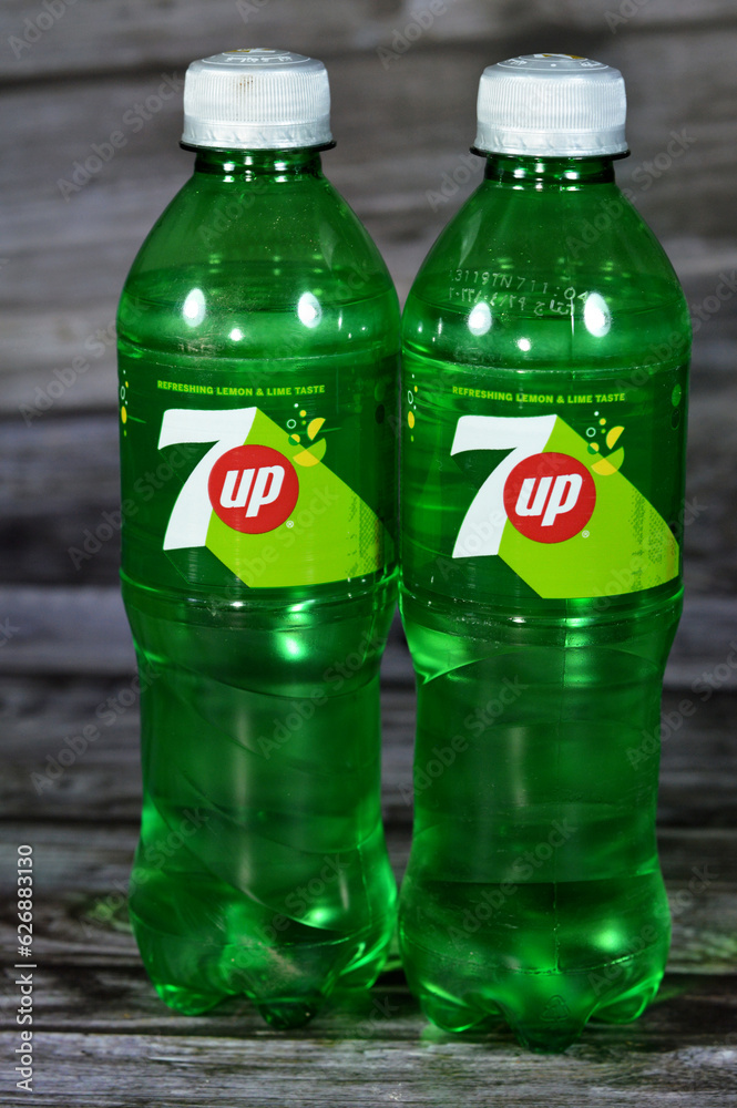 Giza, Egypt, July 21 2023: 7 Up, 7Up, Seven Up, an American brand of ...