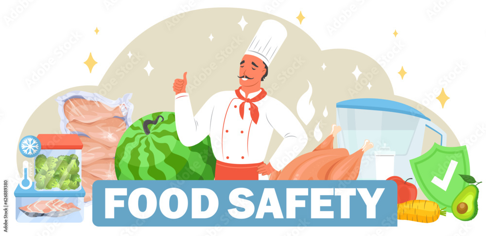 Food safety poster with happy chef character in uniform Stock Vector ...