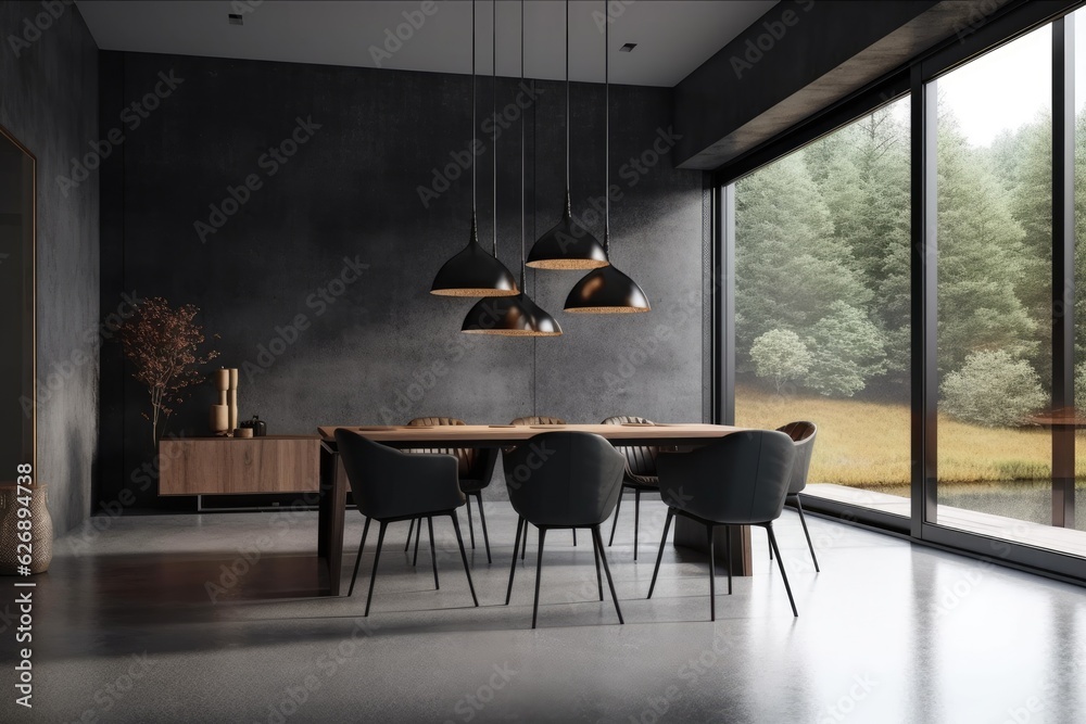 Interior of a dark dining area with chairs on a concrete floor. A ...