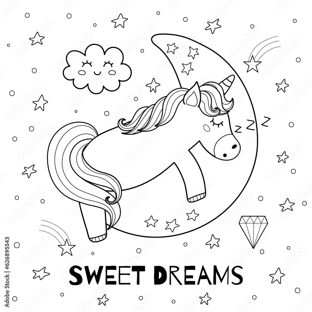 Sweet dreams black and white print with a cute unicorn sleeping on the ...