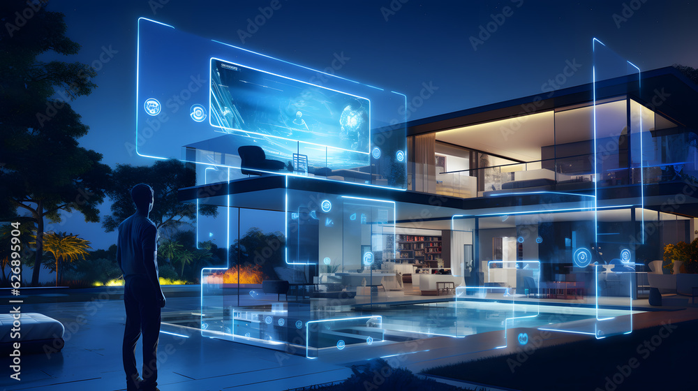 Smart home technology in a futuristic architectural setting at night ...