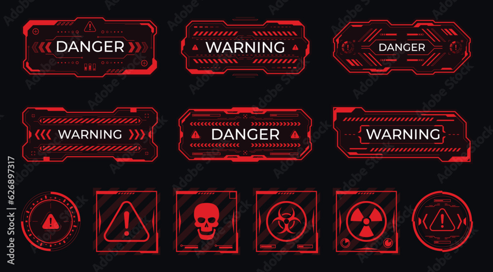 Modern futuristic danger message. Red frame template. Pop-ups with a ...