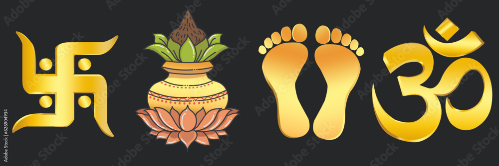auspicious symbols from Hindu culture vector isolated gold set,om,aum ...