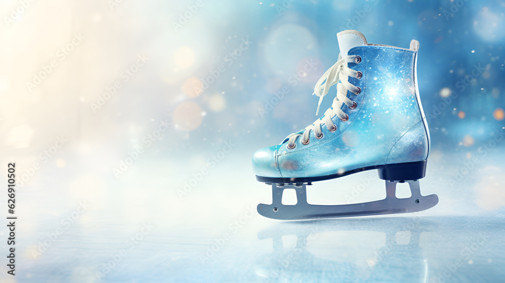 A single shiny blue ice skate on light blue bokeh background. Blue ...