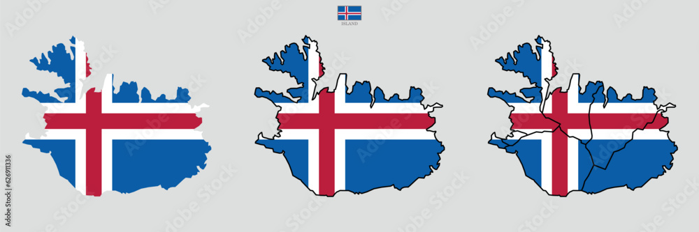 Three Island vector maps with flag and state in color. Background map ...