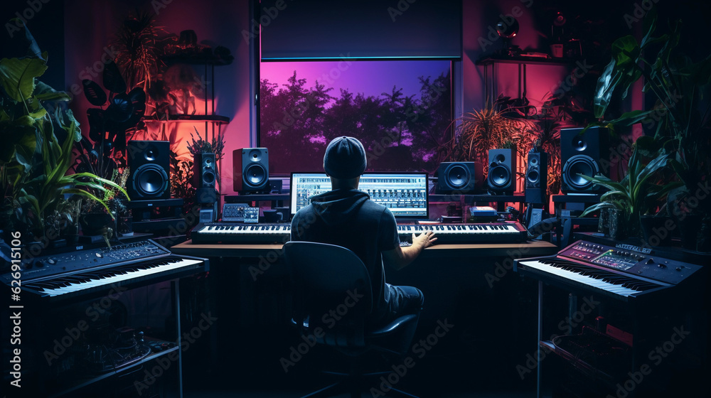 Modern music production setup, glowing LED lights of synthesizers and ...