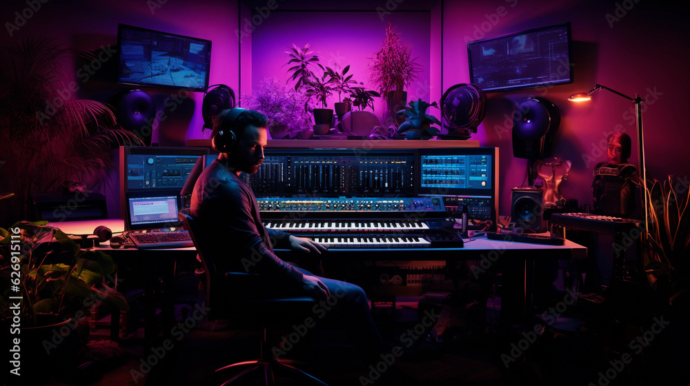 Modern music production setup, glowing LED lights of synthesizers and ...