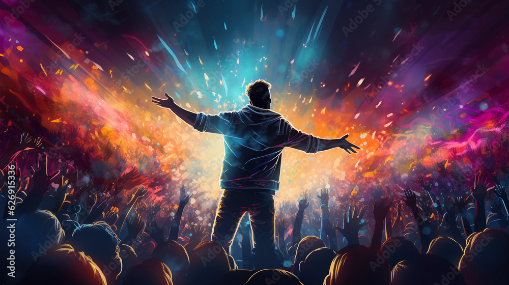 Pop singer on stage, spotlights, high energy, vibrant colors, dynamic ...