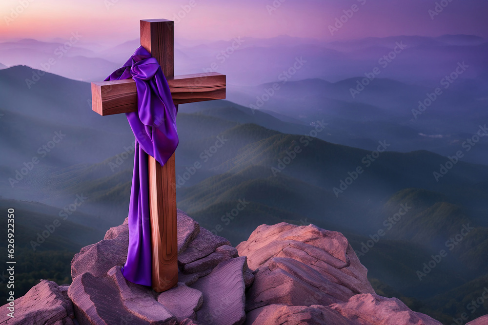 Realistic picture of a wooden Christian cross on mountain with purple ...