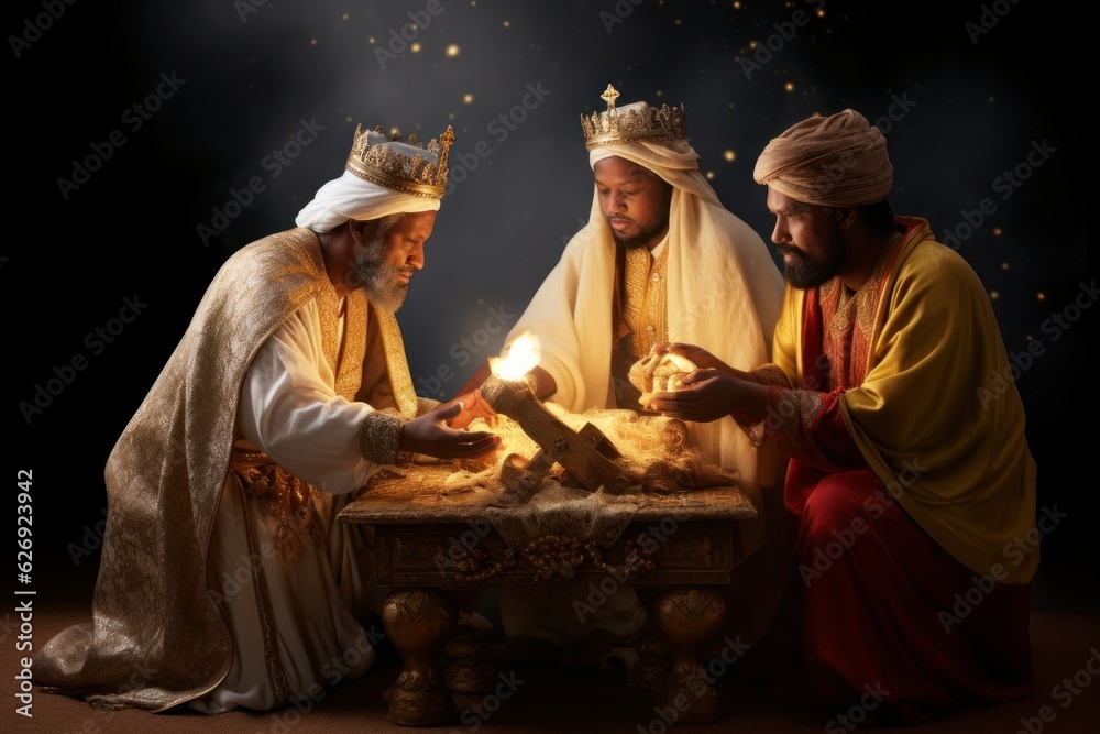Three Wise Men with their precious gifts of gold, frankincense and ...