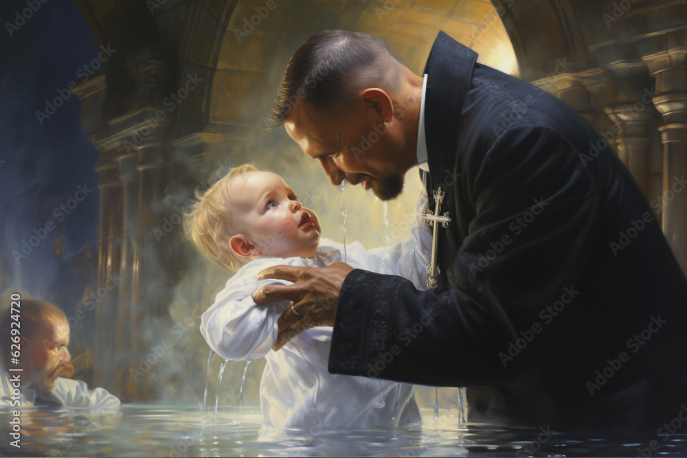 An awe-inspiring scene of a baptism ceremony, with a priest gently ...