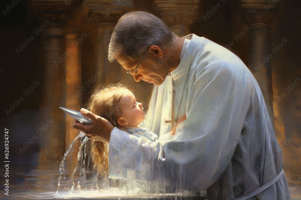 An awe-inspiring scene of a baptism ceremony, with a priest gently ...
