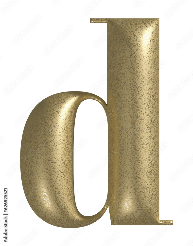 3D letter D with realistic gold texture. Front view tree-dimensional ...