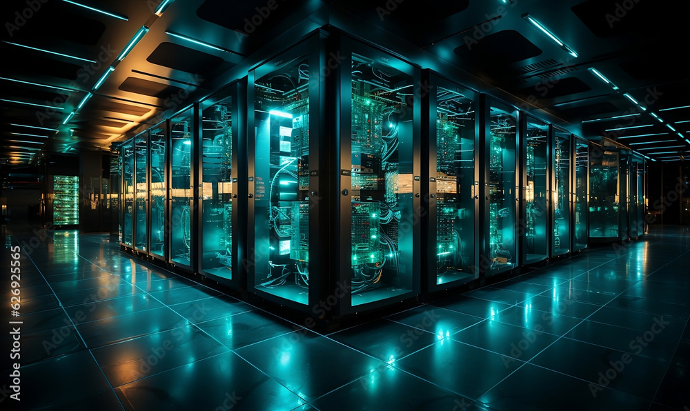 Data Center Server Room. Network Communication, Colorful Neon Server ...