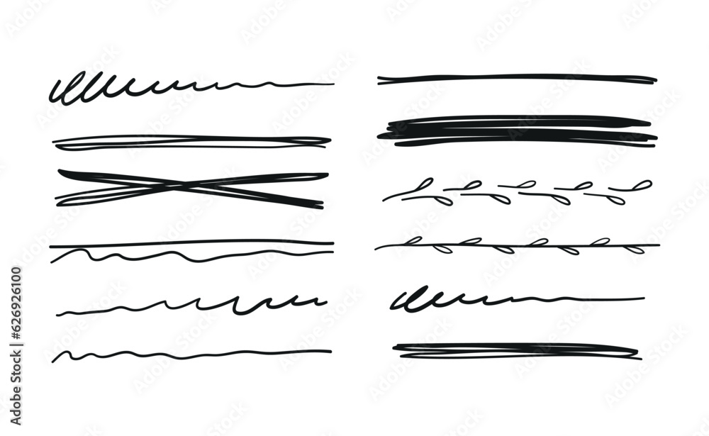 Set of decorative scribble lines in pen, pencil underline, vector ...