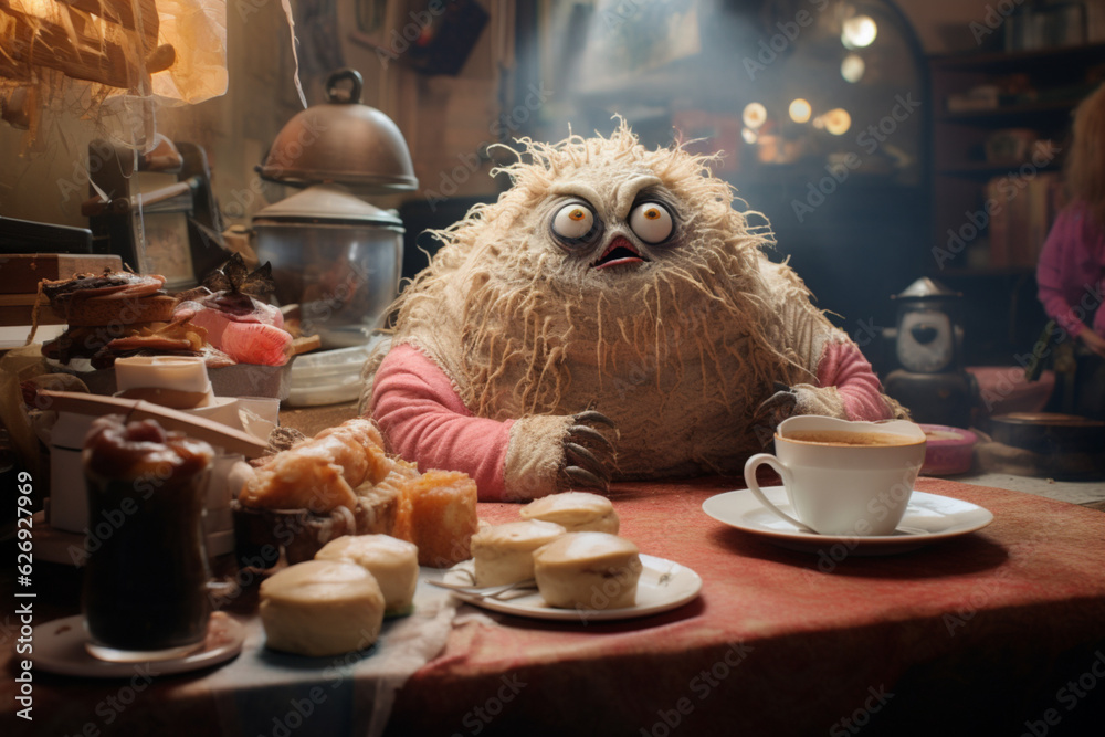 An ugly alien monster located in a cozy coffee shop. He or she is ...