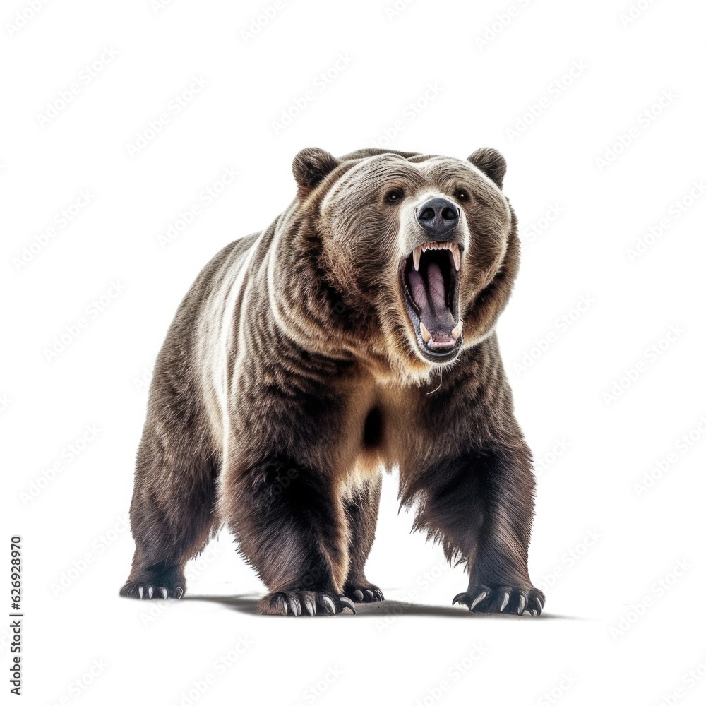 Intimidating brown grizzly bear roaring aggressively, captured isolated ...