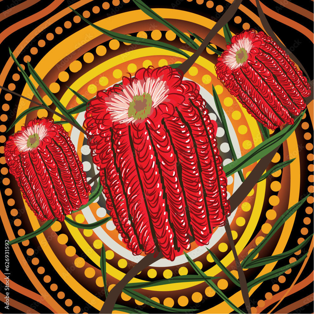 Aboriginal dot painting illustration with red Banksia Flower Stock ...