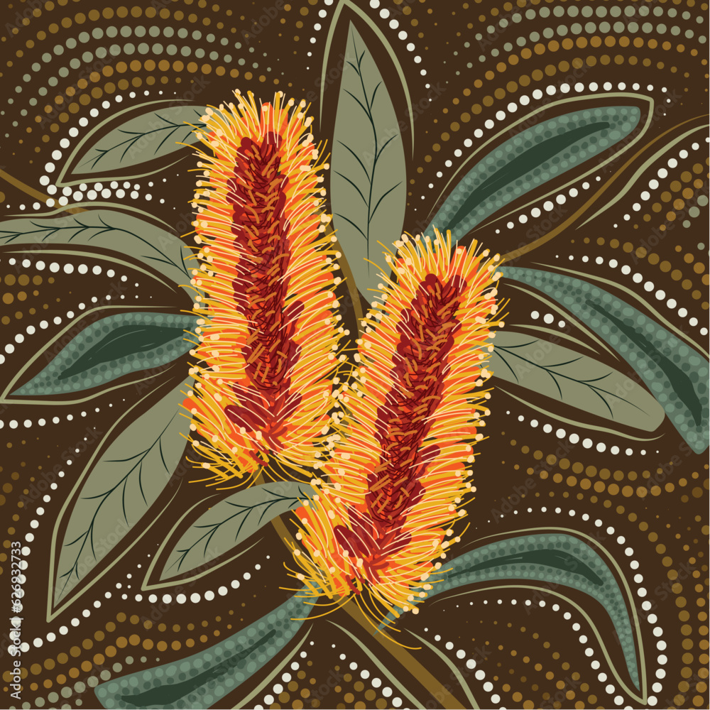 Aboriginal dot art with yellow Banksia flower Stock Vector | Adobe Stock