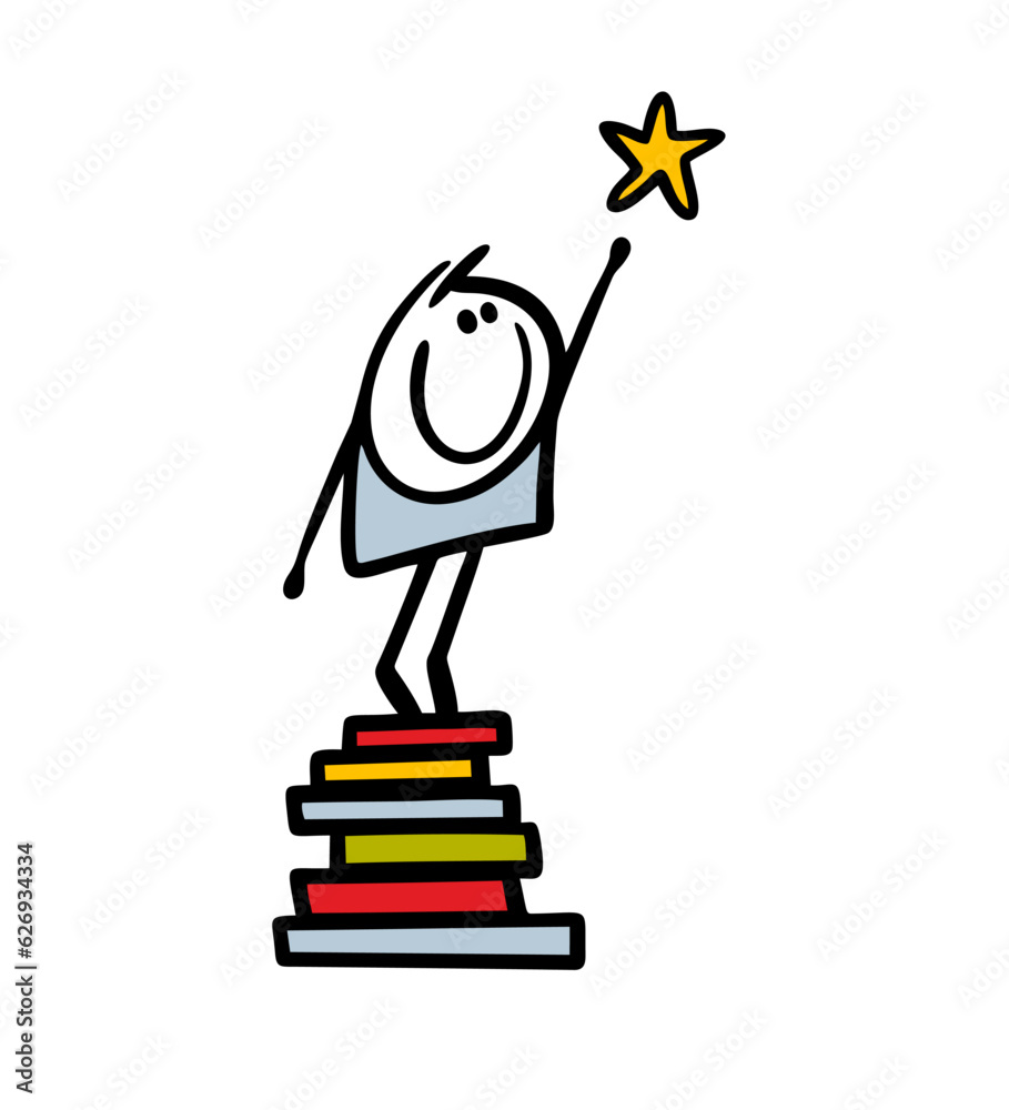 Cute little stickman boy stands on a stack of books he has read and ...