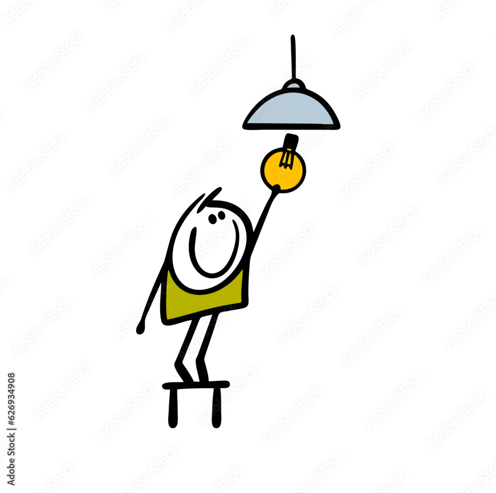 Little cartoon boy stands on a stool and reaches for the lamp on the ...