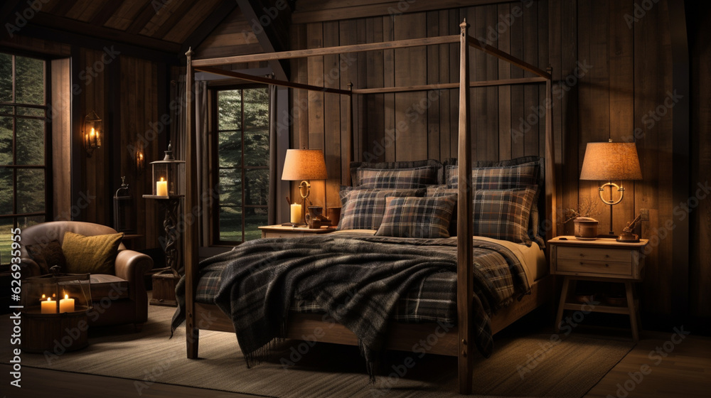 Design of cozy and rustic bedroom with a wooden four-poster bed, plaid ...
