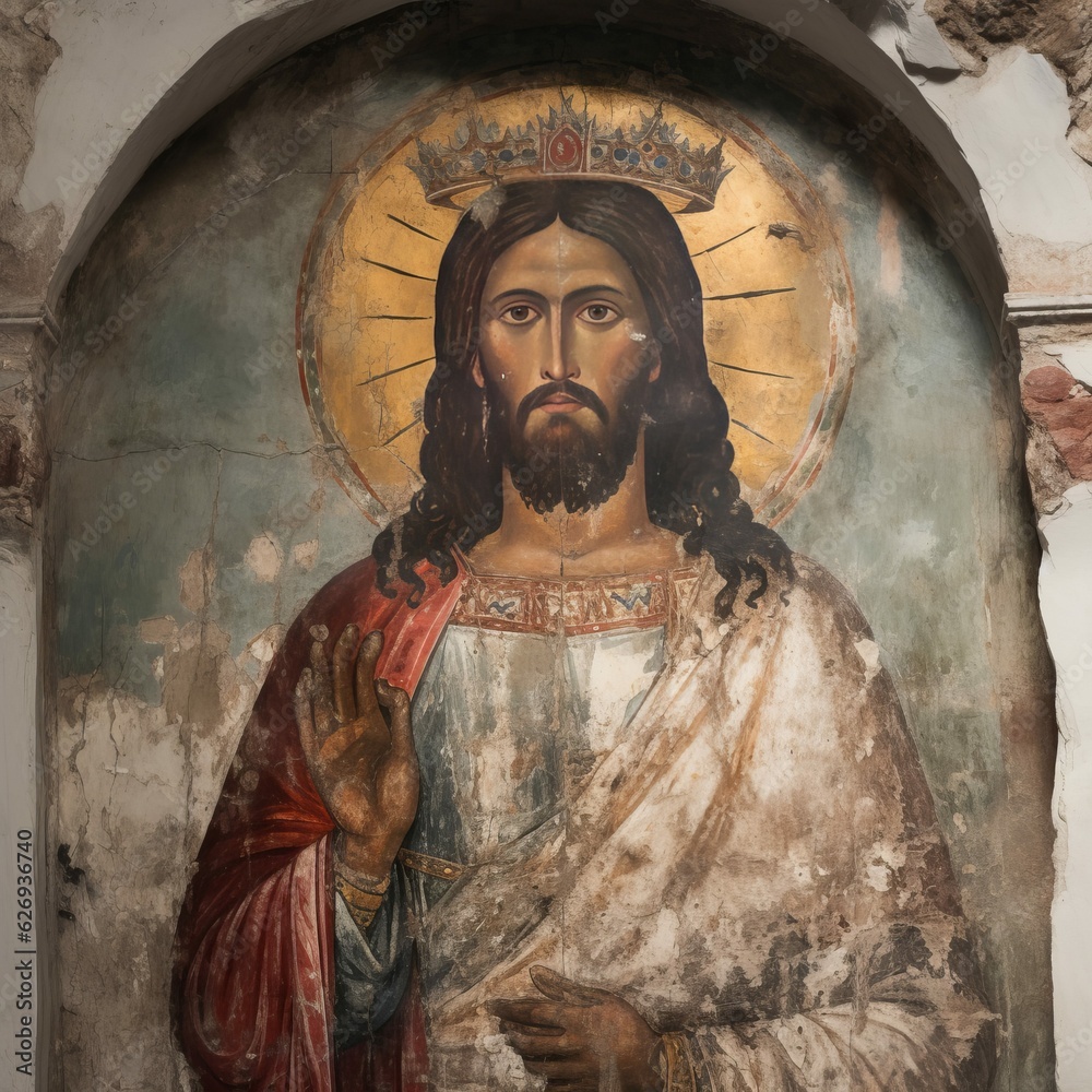 Simulated Old Medieval Fresco of Jesus Christ with Crown of King and ...