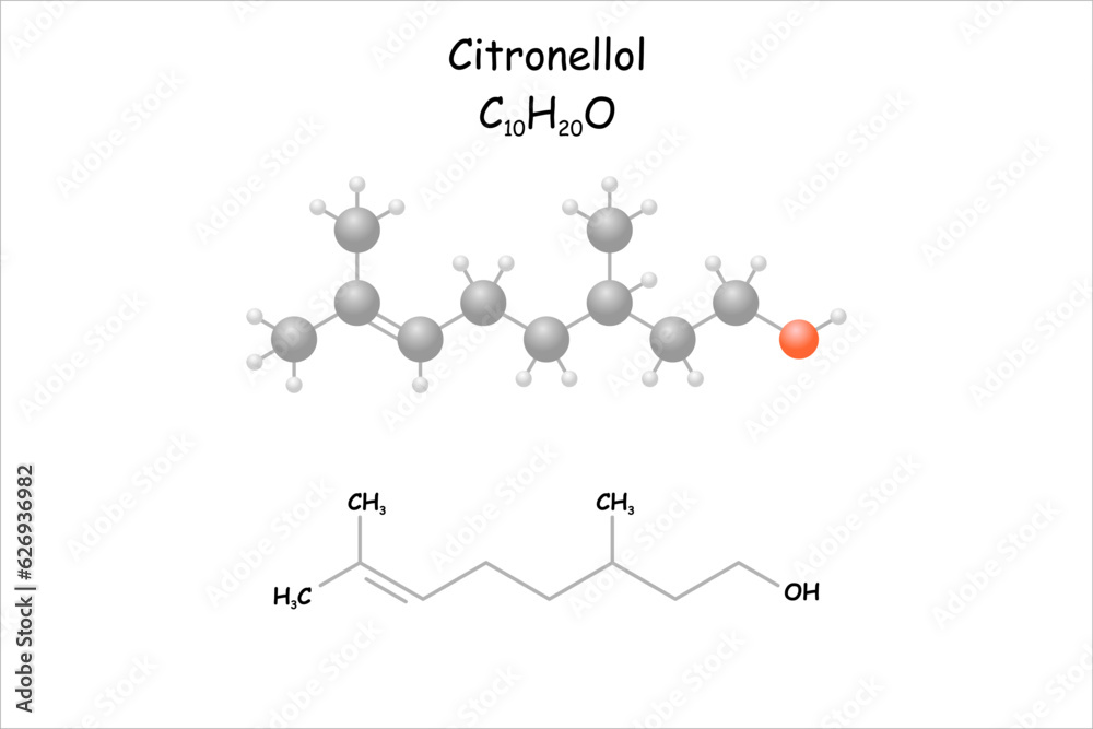 Stylized molecule model/structural formula of citronellol. Stock-vektor ...
