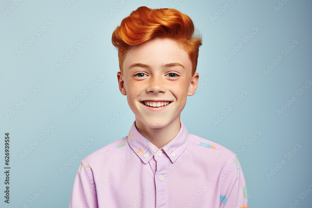 young smiling ginger hail boy wearing pastel color clothes on a pastel ...